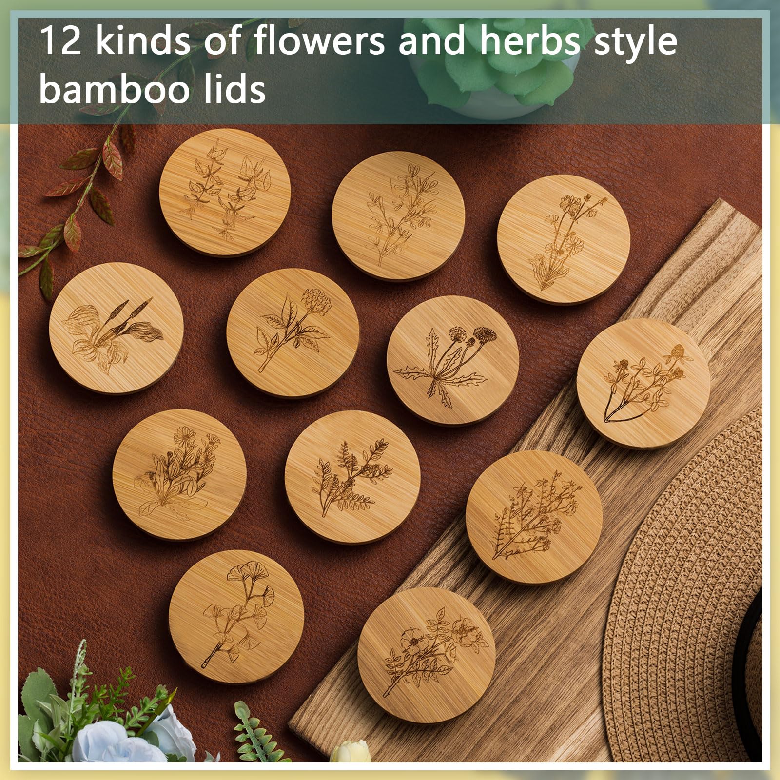 12 Pieces Yogurt Jar Lids Inspirational Yogurt Bamboo Jar Lids Set Flower and Herb Wooden Lids with Silicone Sealing Compatible with Oui Yogurt Jars, Brave Happy Kind Plant (Flower and Herb)