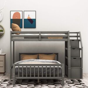 SOFTSEA Loft Bunk Bed with Desk and Drawers for Storage Solid Wood Loft Bed for 2, Modern Twin Over Full Bunk Bed with Ladder and No Box Spring Needed, MuddyWhite