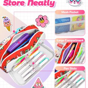 Trendy Fun for Large Pencil Case Big Capacity 3 Compartments Pencil Pouch Cute Cartoon Design Aesthetic Pen Bag with Zipper for Girls Teens Estuche para Lapices Sticker +Pen+ ID Badge Holder+Lanyard