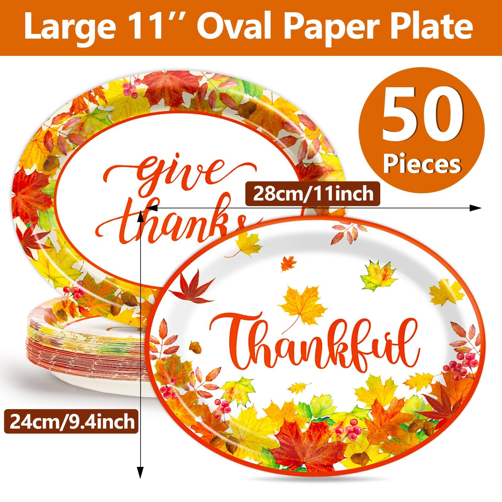 50PCS Thanksgiving Oval Paper Plates Large 11” Disposable Fall Party Autumn Maple Leaf Give Thanks Platters, Gold Foil Fall Design Heavy Duty Dish Tray for Picnic Carnival Dinner Tableware, White