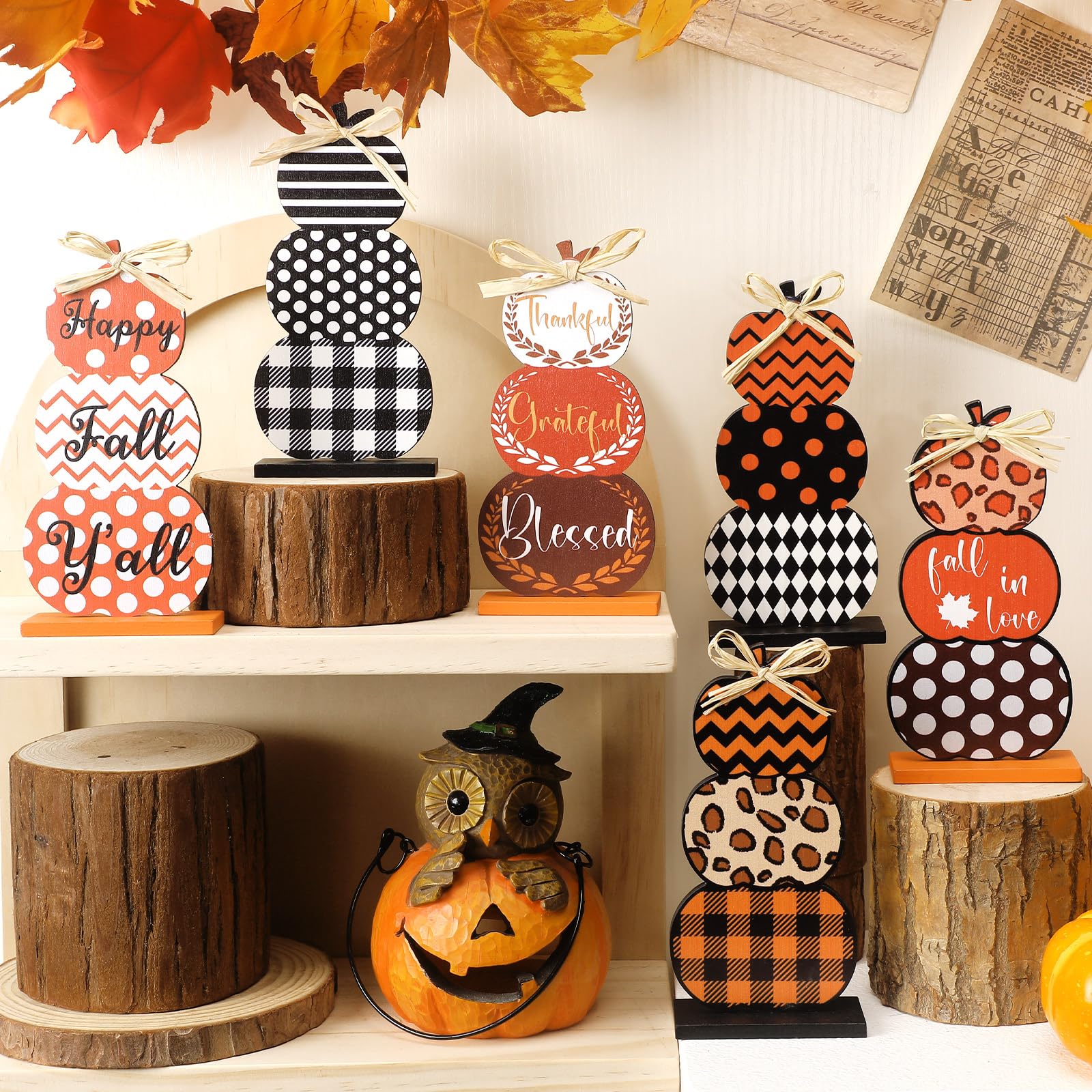 Barydat 6 Pcs Thanksgiving Table Decor Sign Stacked Pumpkins Wooden Pumpkins Stacked Thanksgiving Tiered Tray Decor Fall Decorations for Home Farmhouse Harvest Mantel Party