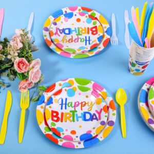 Meanplan Serves 24 Guests Happy Birthday Plates and Napkins Rainbow Polka Dot Birthday Tableware Set Rainbow Dot Birthday Party Decorations for Kids Included Cups Knives Forks Spoons Total 168 Pcs