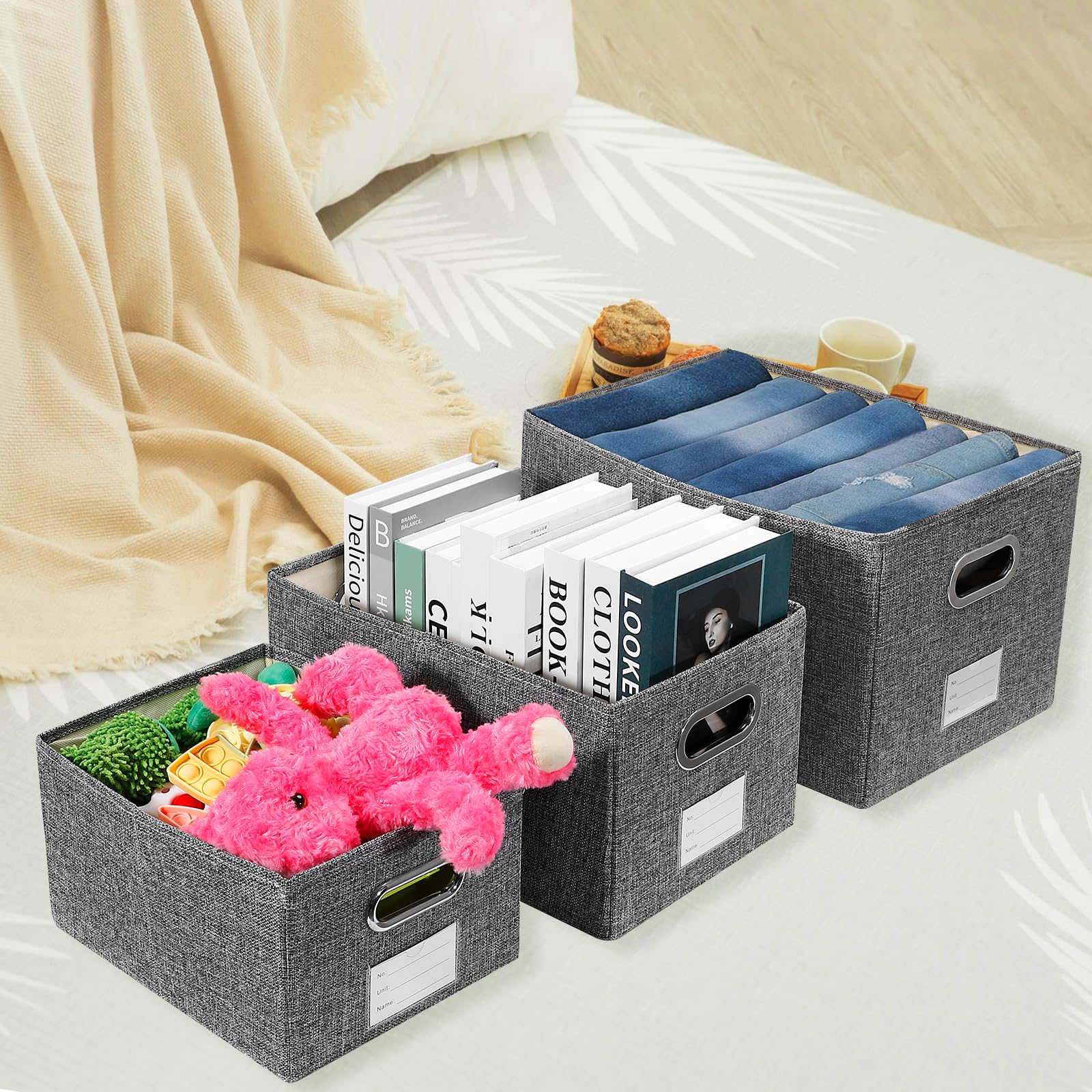 Fassave Foldable Storage Bins with PP Plastic Board, 2 Packs Fabric Storage Container Basket Cube with Handles for Office, Bedroom, Closet (Small-2 Pack, Cow)