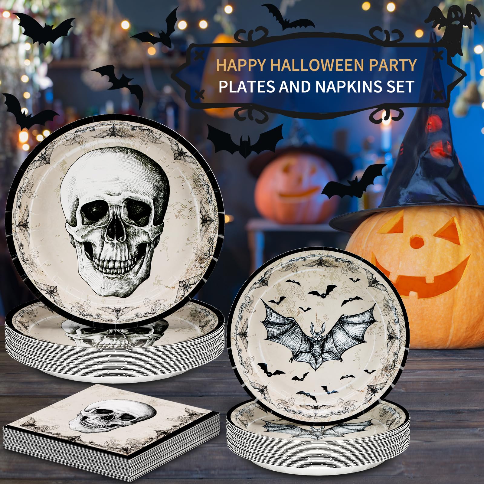 DYLIVeS Halloween Party Plates and Napkins Set, 150 Pcs Halloween Skull Bats Tableware for Boys Adult Happy Halloween Party Supplies Disposable Dinnerware Holiday Halloween Decorations, Serve 50