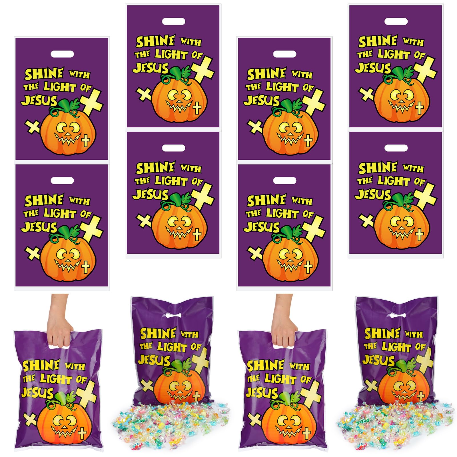 72 Pcs Halloween Christian Pumpkin Plastic Bags 12 x 17 Inch Halloween Treat Bags with Handle Halloween Goody Gift Bags for Trick or Treat Bags Halloween Party Favor