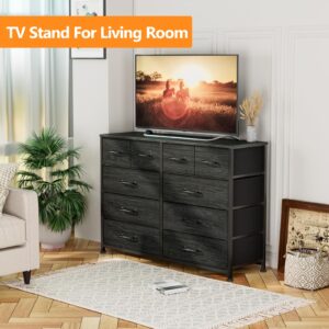 Furnulem Bedroom Dresser for 55”Long TV Stand Entertainment Center Dresser & Chests of Drawers,10 Storage Fabric Drawer Dressers,Sturdy Metal Frame Tall Dresser for Living Room, Entryway, Black Oak