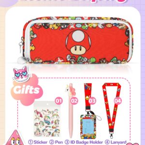 Trendy Fun for Large Pencil Case Big Capacity 3 Compartments Pencil Pouch Cute Cartoon Design Aesthetic Pen Bag with Zipper for Girls Teens Estuche para Lapices Sticker +Pen+ ID Badge Holder+Lanyard