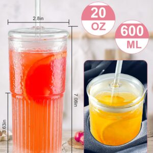 Glass Cups with Lids and Glass Straws, 20OZ Drinking Glasses 2Pcs, Glass Tumbler with Straw and Lid High Borosilicate Glass Tumbler Iced Coffee Cup Water Glass Cups