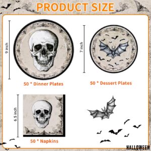 DYLIVeS Halloween Party Plates and Napkins Set, 150 Pcs Halloween Skull Bats Tableware for Boys Adult Happy Halloween Party Supplies Disposable Dinnerware Holiday Halloween Decorations, Serve 50