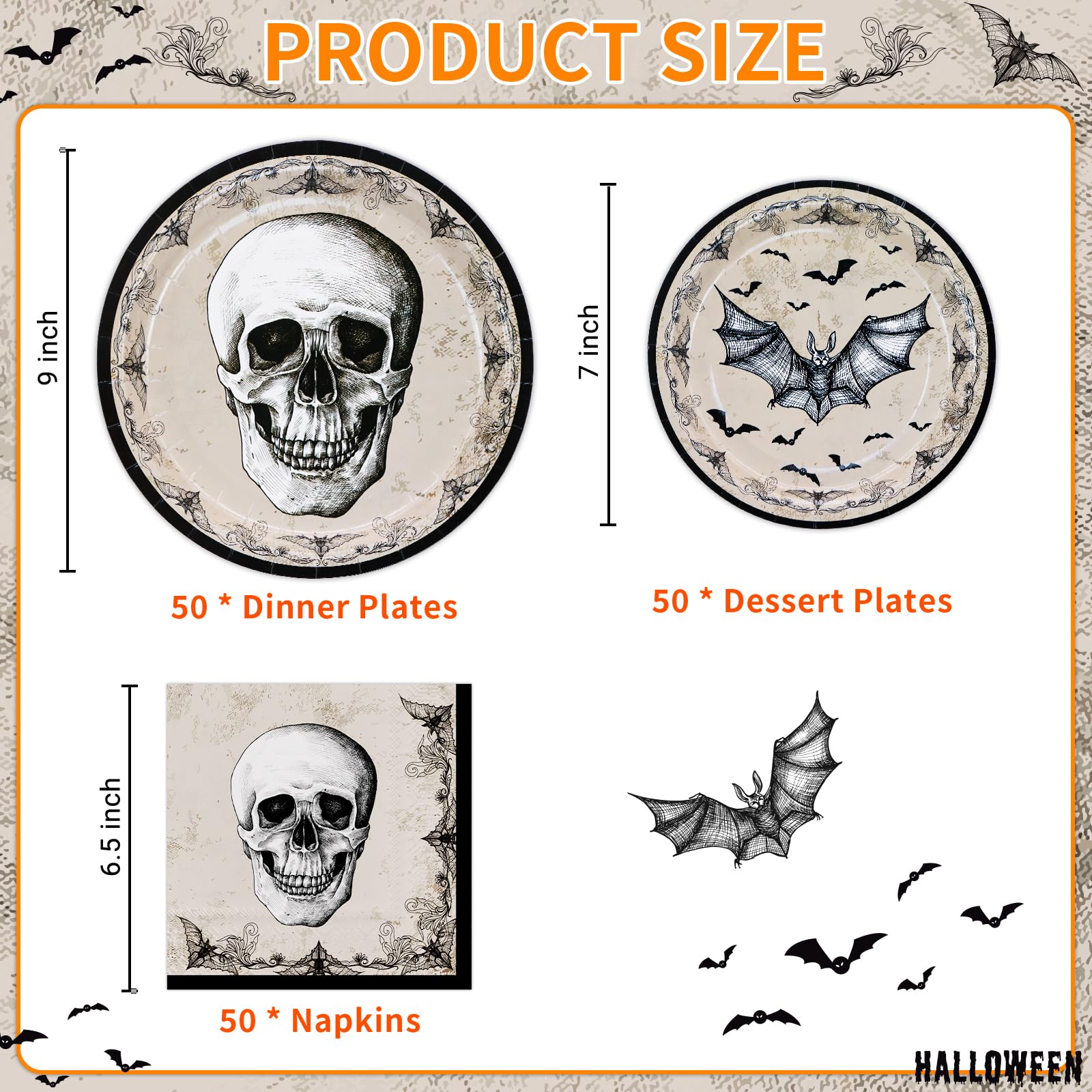 DYLIVeS Halloween Party Plates and Napkins Set, 150 Pcs Halloween Skull Bats Tableware for Boys Adult Happy Halloween Party Supplies Disposable Dinnerware Holiday Halloween Decorations, Serve 50