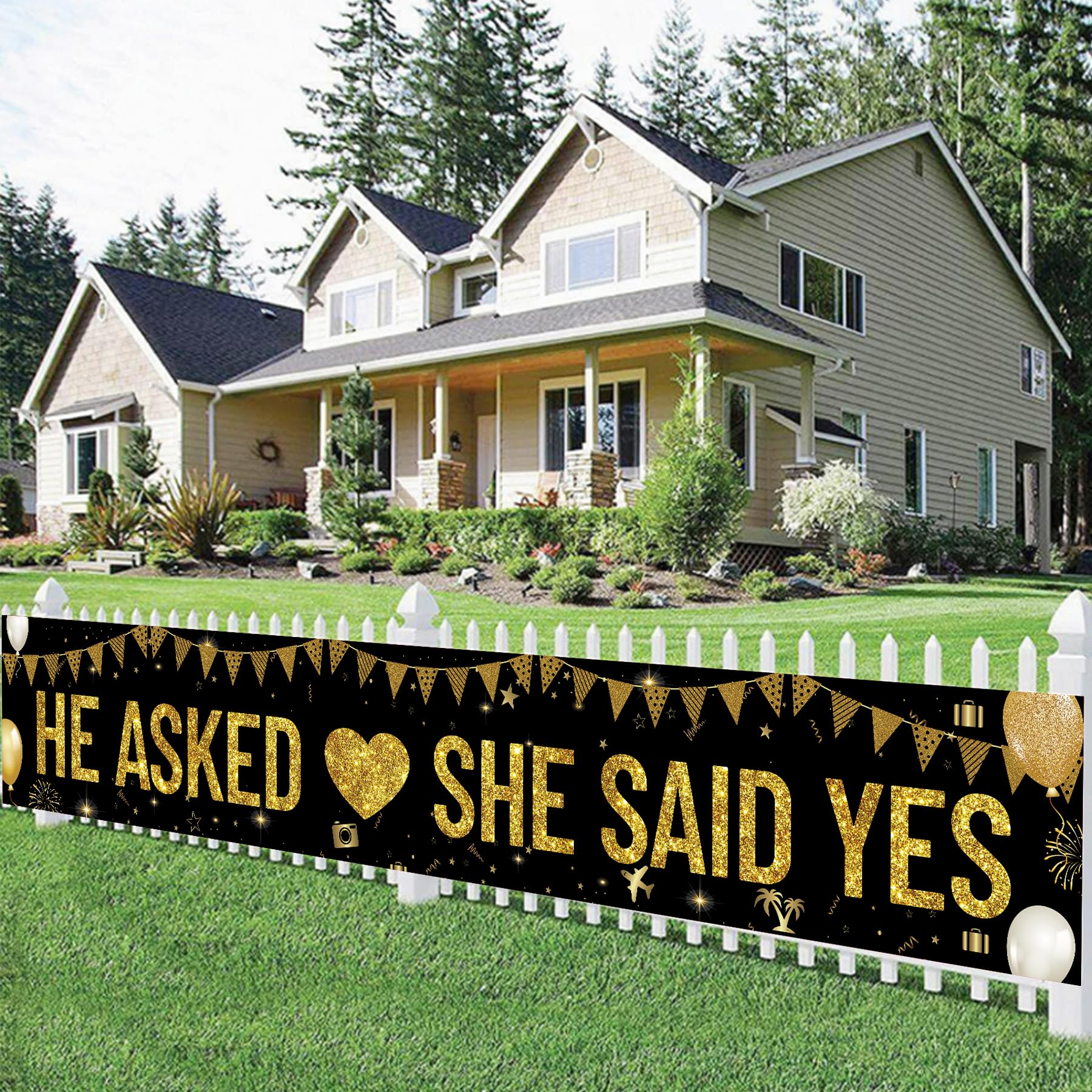 Engagement Party Decorations Black and Gold He Asked She Said Yes Decorations Sign Wedding Engagement Banner