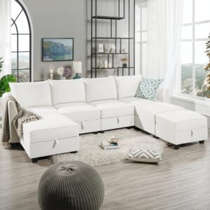 naomi home elizabeth modular sectional sofa linen u shaped couch with ottomans convertible sectional couch 7-seater sofa with storage seat, l- shaped sectional sofa - white down