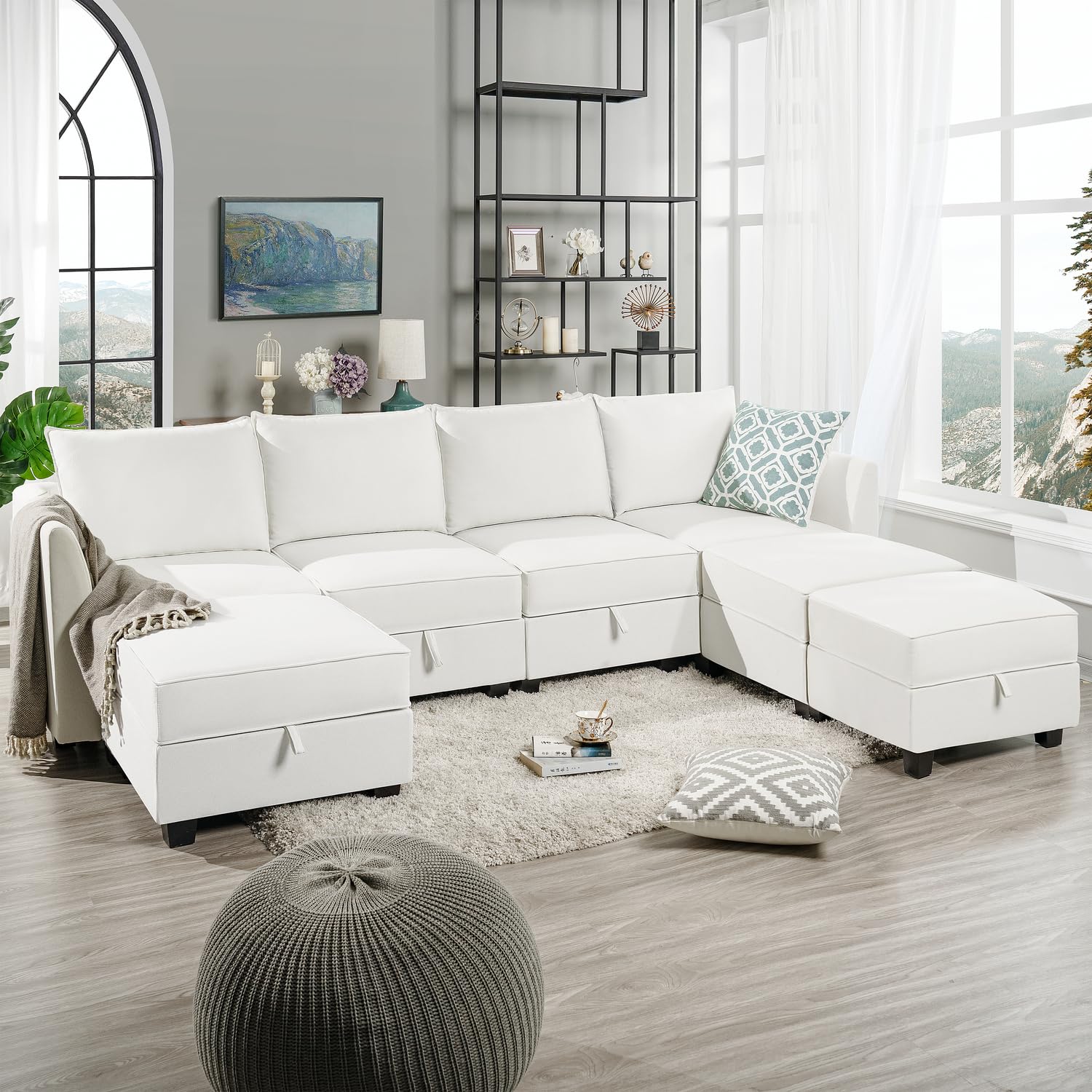 Naomi Home Elizabeth Modular Sectional Sofa Linen U Shaped Couch with Ottomans Convertible Sectional Couch 7-Seater Sofa with Storage Seat, L- Shaped Sectional Sofa - White Down