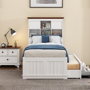 Twin Captain Bed with Trundle and Storage Drawers, Wood Platform Bed with Bookcase Headboard, White Bed Frame with Slat Support for Kids Boys Girls Teens