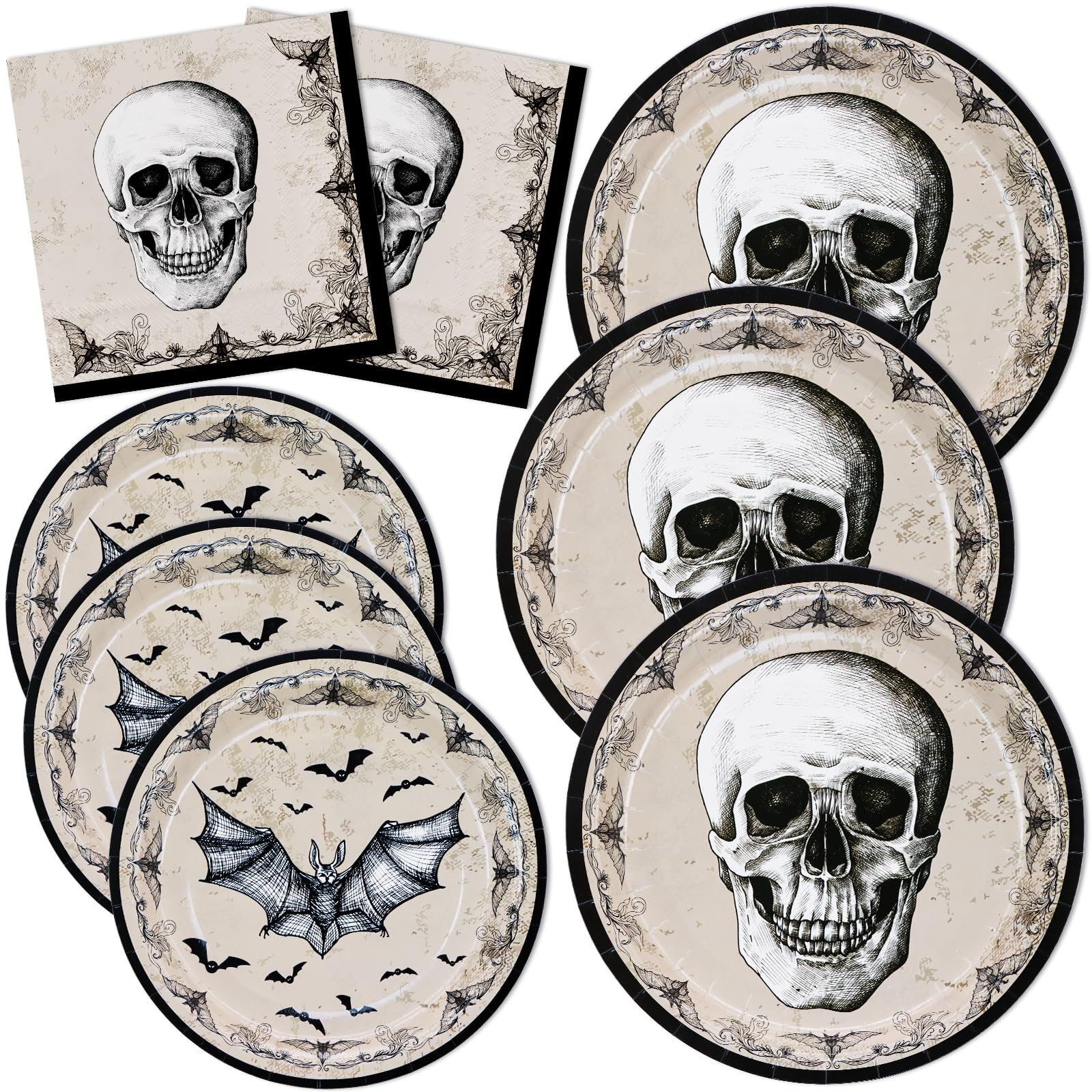 DYLIVeS Halloween Party Plates and Napkins Set, 150 Pcs Halloween Skull Bats Tableware for Boys Adult Happy Halloween Party Supplies Disposable Dinnerware Holiday Halloween Decorations, Serve 50