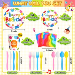 Meanplan Serves 24 Guests Happy Birthday Plates and Napkins Rainbow Polka Dot Birthday Tableware Set Rainbow Dot Birthday Party Decorations for Kids Included Cups Knives Forks Spoons Total 168 Pcs