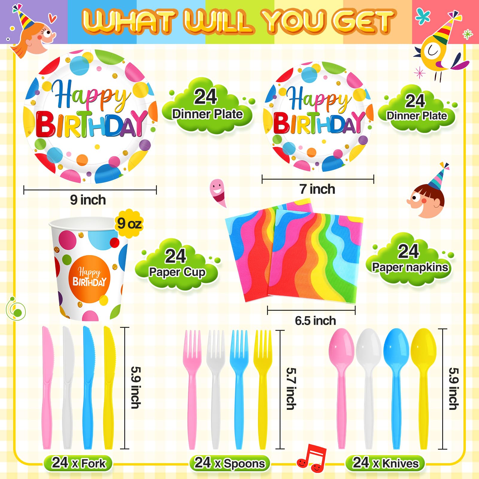 Meanplan Serves 24 Guests Happy Birthday Plates and Napkins Rainbow Polka Dot Birthday Tableware Set Rainbow Dot Birthday Party Decorations for Kids Included Cups Knives Forks Spoons Total 168 Pcs