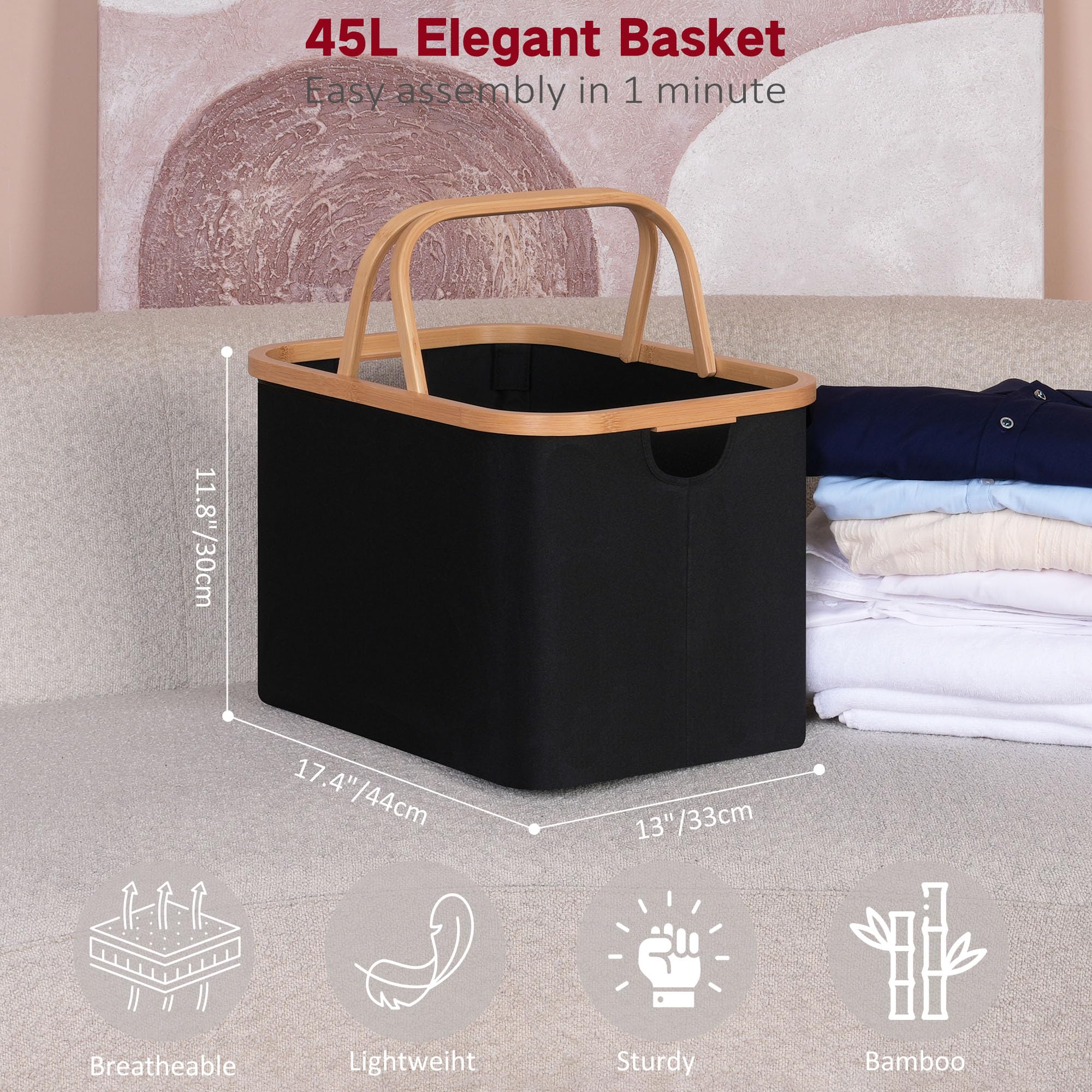 Laundry Basket with Handles, Collapsible Laundry Baskets Hampers for Laundry, Versatile Storage Basket and Small Laundry Basket for Toys, Blankets and Clothes, 45L Black