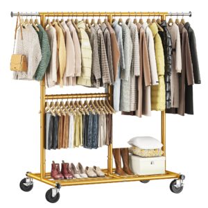 raybee gold clothing rack heavy duty clothes rack with wheels rolling clothing racks for hanging clothes for walk-in closet, bed room, laundry room,commercial,17.7" d x 69.1" w x 71.9" h, gold