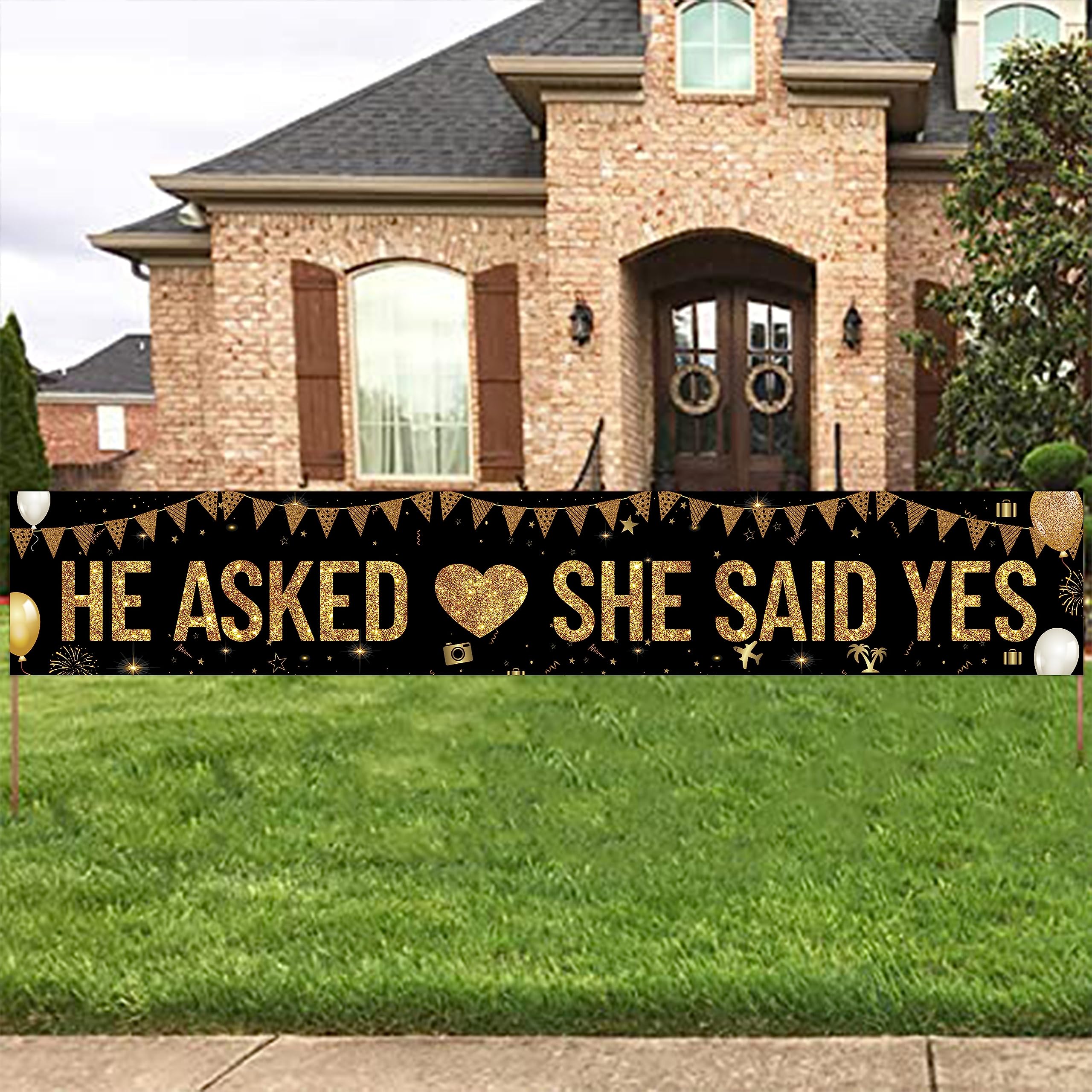 Engagement Party Decorations Black and Gold He Asked She Said Yes Decorations Sign Wedding Engagement Banner