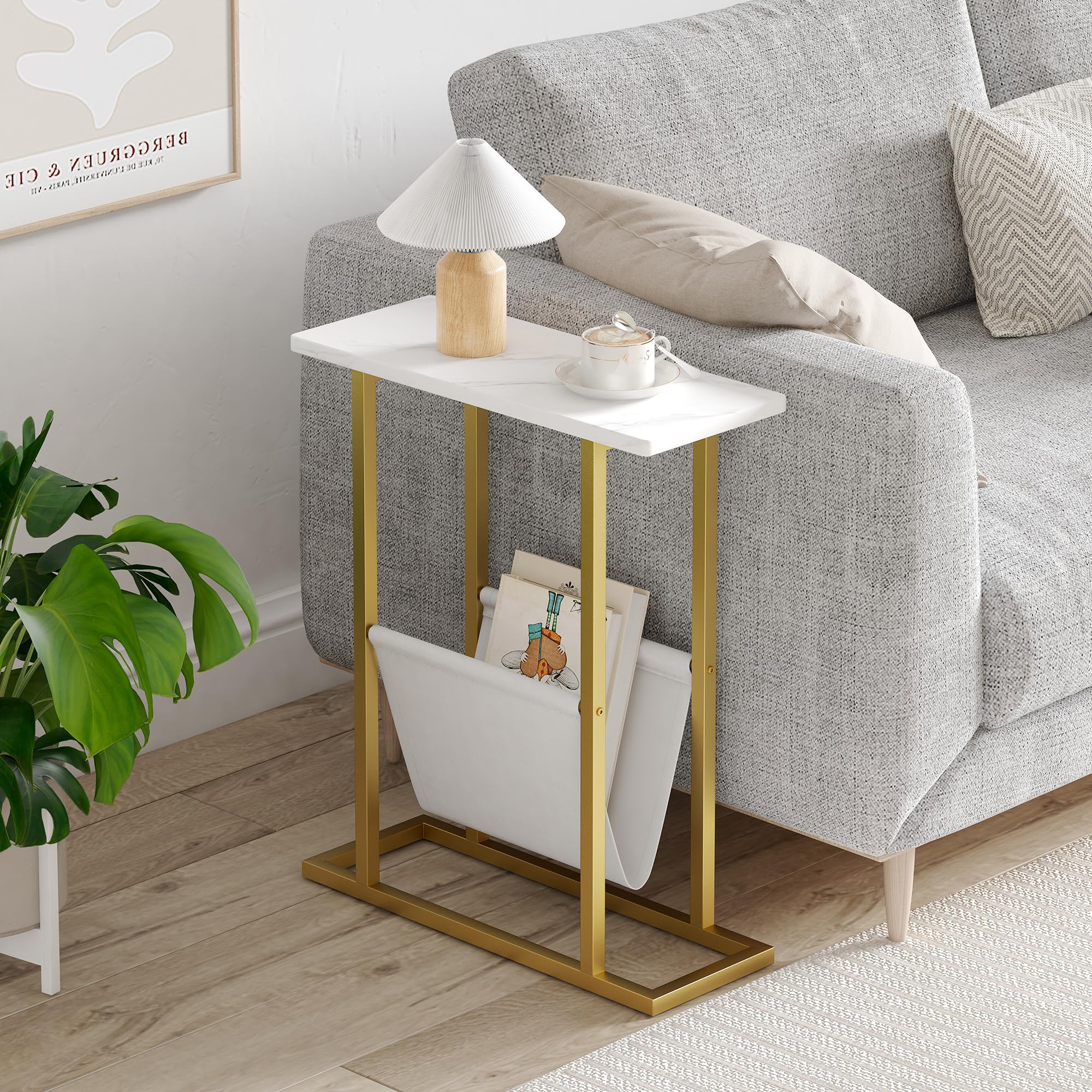 Yusong Small Narrow Side Table for Small Spaces, 17.7" W Slim End Table Magazine Table Nighstand with Storage Holder, Accent Skinny Snack Couch Bedside Table, Gold White, Complete Iron Pipes