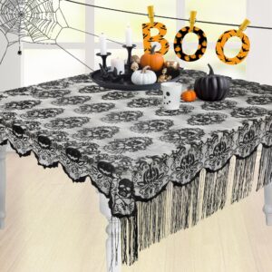 owenie halloween tablecloth, skull lace fabric tablecloths with tassel, black pumpkin table cloths table cover for rectangle tables for parties gothic halloween home decorations, 52x52 inch