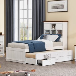 twin captain bed with trundle and storage drawers, wood platform bed with bookcase headboard, white bed frame with slat support for kids boys girls teens