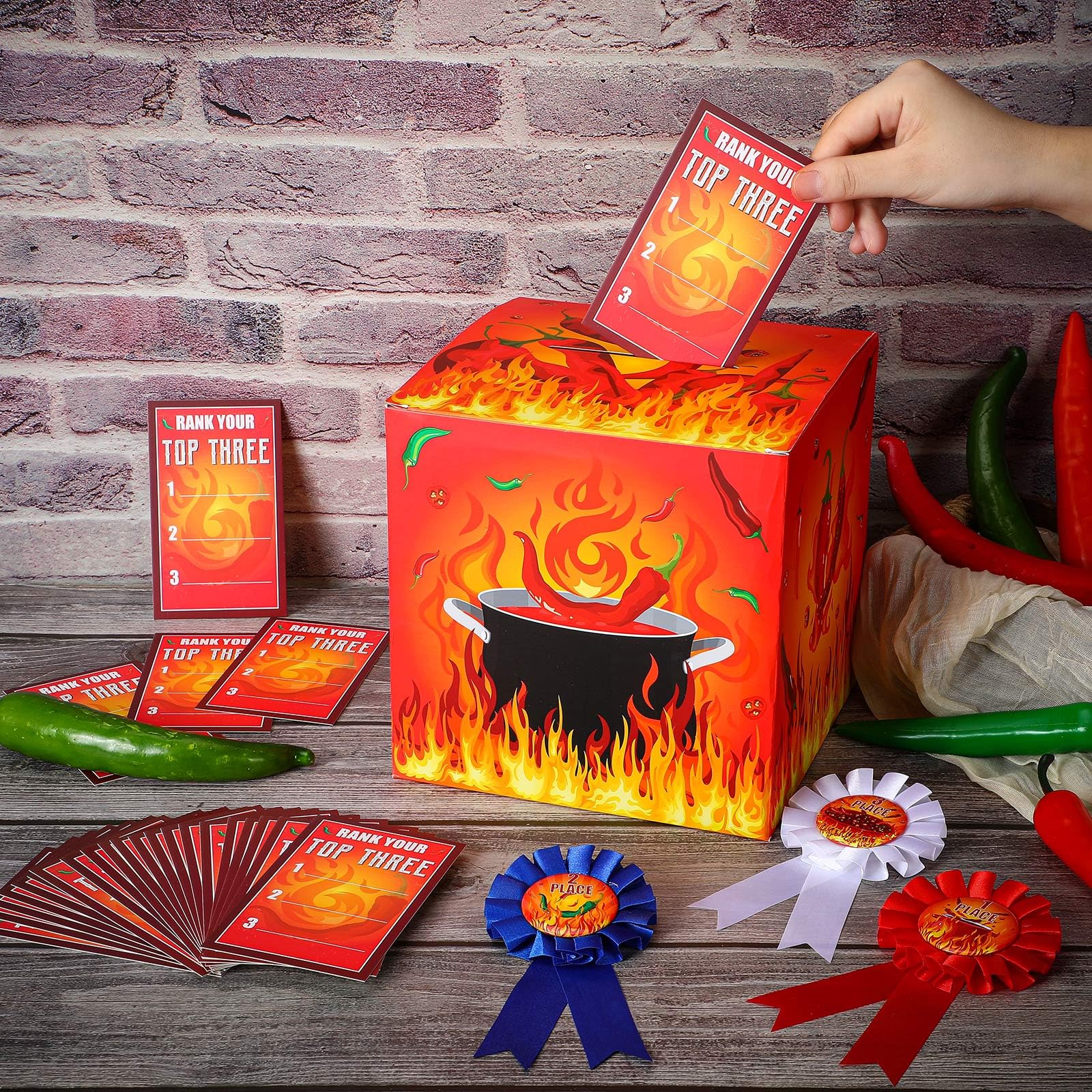 Tenceur Chili Cook off Contest Ballot Box with 50 Pcs Voting Cards and 3 Pcs Trophy Award Ribbons for Chili Cook off Game Award Prizes Party Supplies Decorations Cook Chef, Assembly Needed