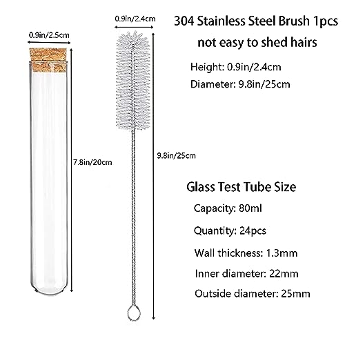 BKMAMLAB Glass Test Tube Set 24pcs 80ml Glass Test Tubes 25 x 200mm with Cork Stoppers and 1pcs 24 Holes Plastic Tubes Rack for Test Lab Tubes