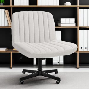 JUMMICO Armless Office Desk Chair No Wheels, Cross Legged Office Chairs Padded Wide Seat, Fabric Modern Adjustable Swivel Accent Chair, Computer Task Vanity Chair for Home Office (Beige)