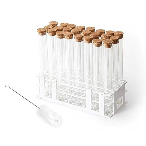 BKMAMLAB Glass Test Tube Set 24pcs 80ml Glass Test Tubes 25 x 200mm with Cork Stoppers and 1pcs 24 Holes Plastic Tubes Rack for Test Lab Tubes