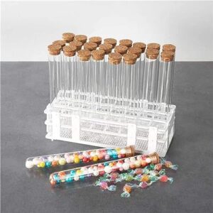 BKMAMLAB Glass Test Tube Set 24pcs 80ml Glass Test Tubes 25 x 200mm with Cork Stoppers and 1pcs 24 Holes Plastic Tubes Rack for Test Lab Tubes