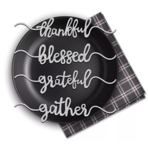 Aukolass 8 Pcs Thanksgiving Plate Cards, Thanksgiving Table Decorations Grateful Thankful Blessed Gather Place Card Plate Decors for Home Party (Silver)