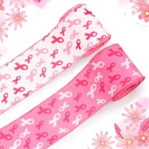 threetols 2 rolls 10 yards breast cancer awareness wired edge ribbons, 2.5inch pink white awareness ribbon, breast cancer ribbon for breast cancer awareness women activities wreath bow decor