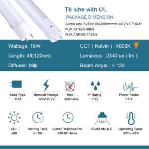 H&B Luxuries 4FT LED T8 Ballast Bypass Type B Light Tube, 18W, Single-Ended & Dual-Ended Connection, 2340LM, G13 Base,T8 T10 T12 Fluorescent Bulbs Replacement, UL & DLC - 4000K (5Pcs)