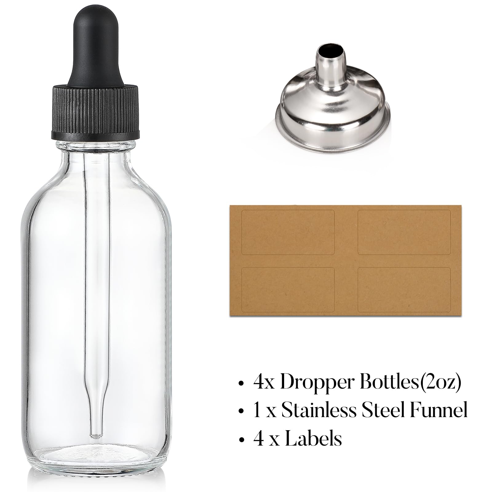 AOZITA 4 Pcs, 2 oz Clear Eye Dropper Bottles with 1 Stainless Steel Funnels & 4 Labels - Black Caps 60ml Thick Glass Tincture Bottles - Leakproof Essential Oils Bottle for Storage and Travel