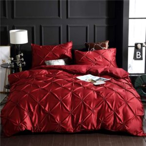 kanak bedding 5satin piece pinch pleated comforter set super soft luxury silk satin breathable comfort bedding set 1duvet cover, 4pillowcase(olympic queen,burgundy)