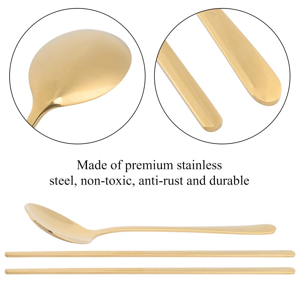 QANYEGN 304 Stainless Steel Spoon and Chopsticks, Flat Long Handle Chopsticks and Spoon Set with Gift Box, Korean Tableware Set for Home Kitchen, Restaurant(Gold)