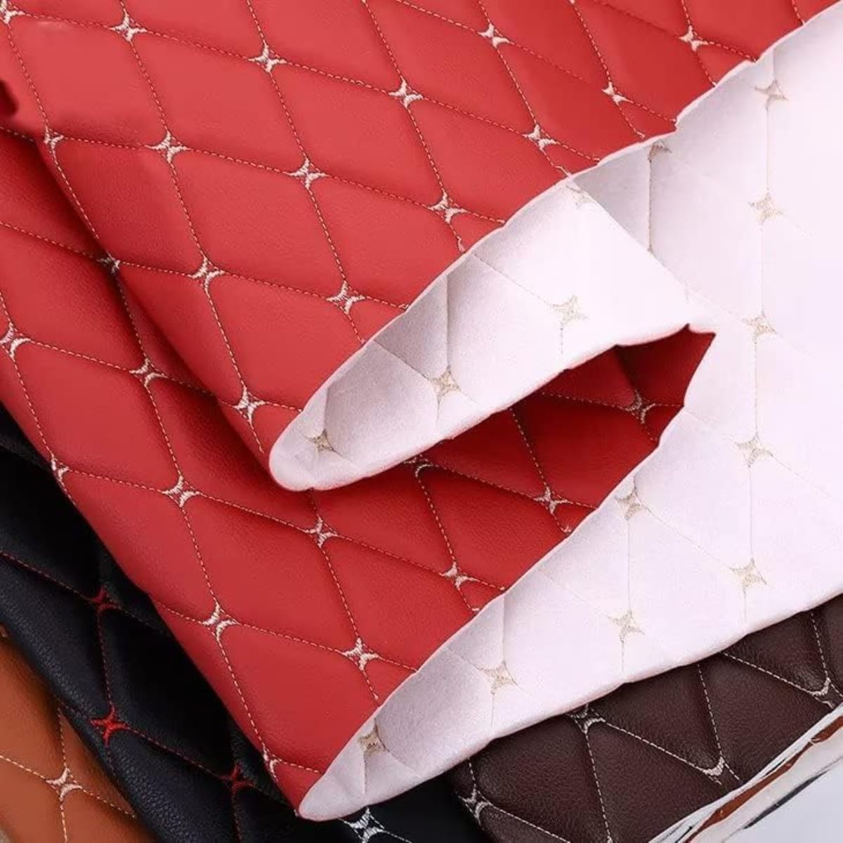 LANOBA Quilted Foam Vinyl Fabric Faux Leather Thick Sponge Backing DIY Upholstery headboard Car Headliner Furniture, 39" x 60", Diamond 2" x 3" (Red)