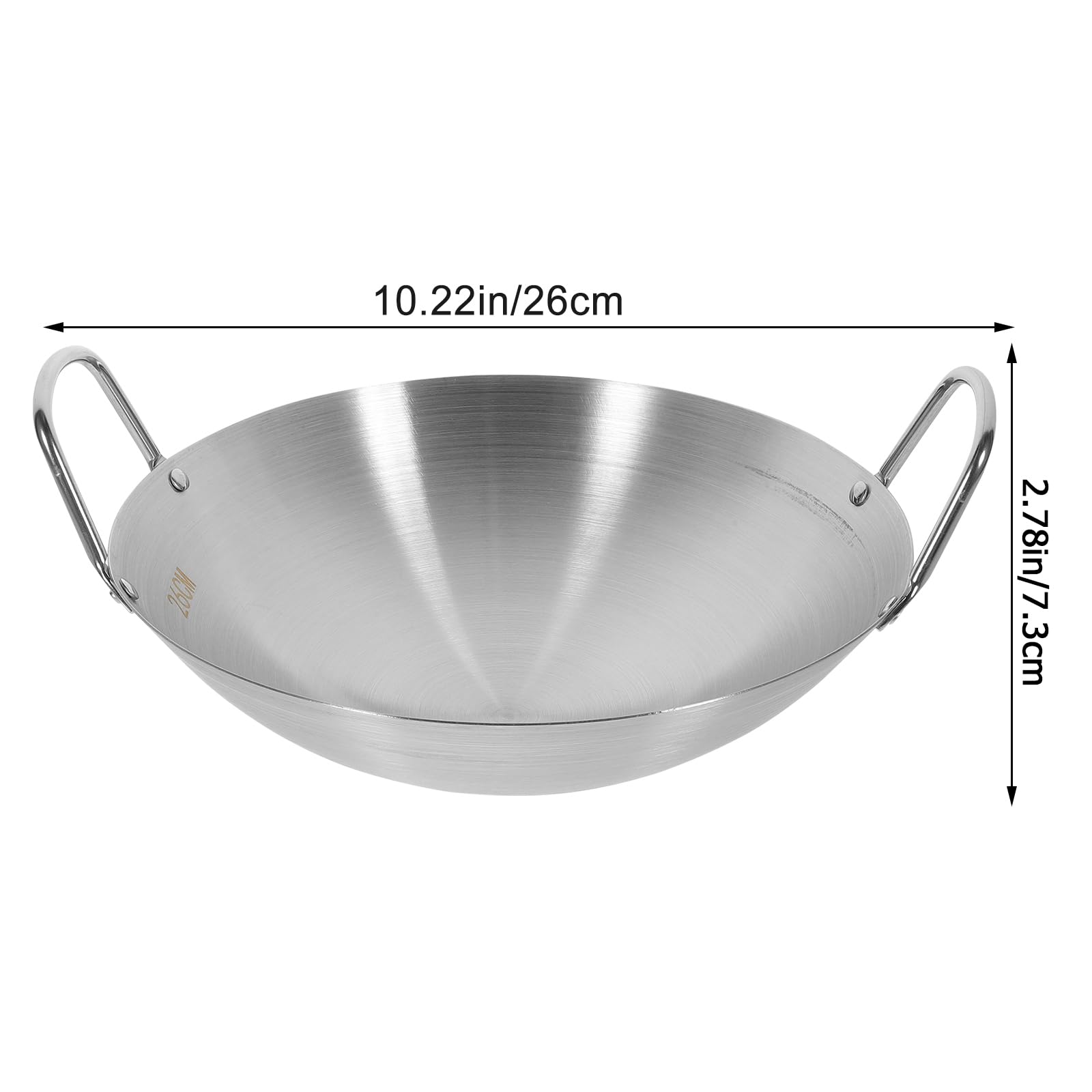 BESTonZON 10 inch Stainless Steel Wok, Dual Handled Wok Round Bottom Wok Traditional Style Frying Pan Cooking Pot for Kitchen Restaurant Home, 26cm Wok