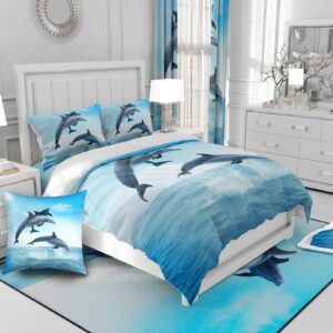 Erosebridal Ocean Dolphin Duvet Cover Queen, 3D Dolphin Comforter Cover, Blue Ocean Sea Wave Bedding, Marine Life Quilt Cover with Zipper Closure Soft Cozy for Kids Boys Teens Room Decor, 3Pcs