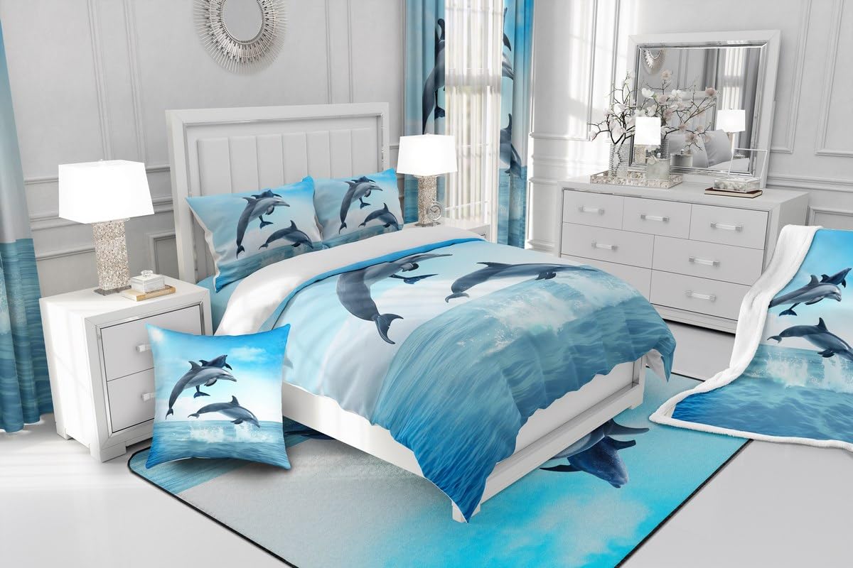 Erosebridal Ocean Dolphin Duvet Cover Queen, 3D Dolphin Comforter Cover, Blue Ocean Sea Wave Bedding, Marine Life Quilt Cover with Zipper Closure Soft Cozy for Kids Boys Teens Room Decor, 3Pcs