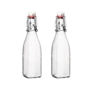 bormioli rocco set of 2 square swing top glass 8.5 oz. bottles with airtight hermetic lid, bottles kombucha, beer, and limoncello, dishwasher safe, made in italy.