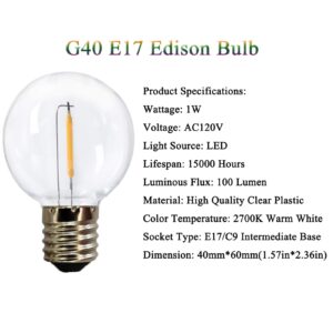 G40 Globe Replacement Bulbs C9/E17 Intermediate Base 1W G40 Shatterproof Waterproof Clear Plastic LED Filament Bulb Warm White 2700K Outdoor String Replacement Light for Yard Garden Patio(15 Pack)