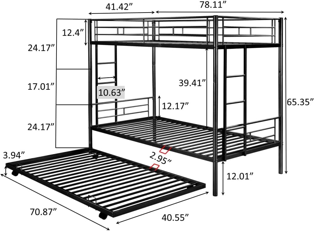 DaiNNCN Twin Over Twin Bunk Bed with Trundle,Can Be Divided Into 3 Bed Metal Heavy Duty for Kids Boys Girls Adults-Black