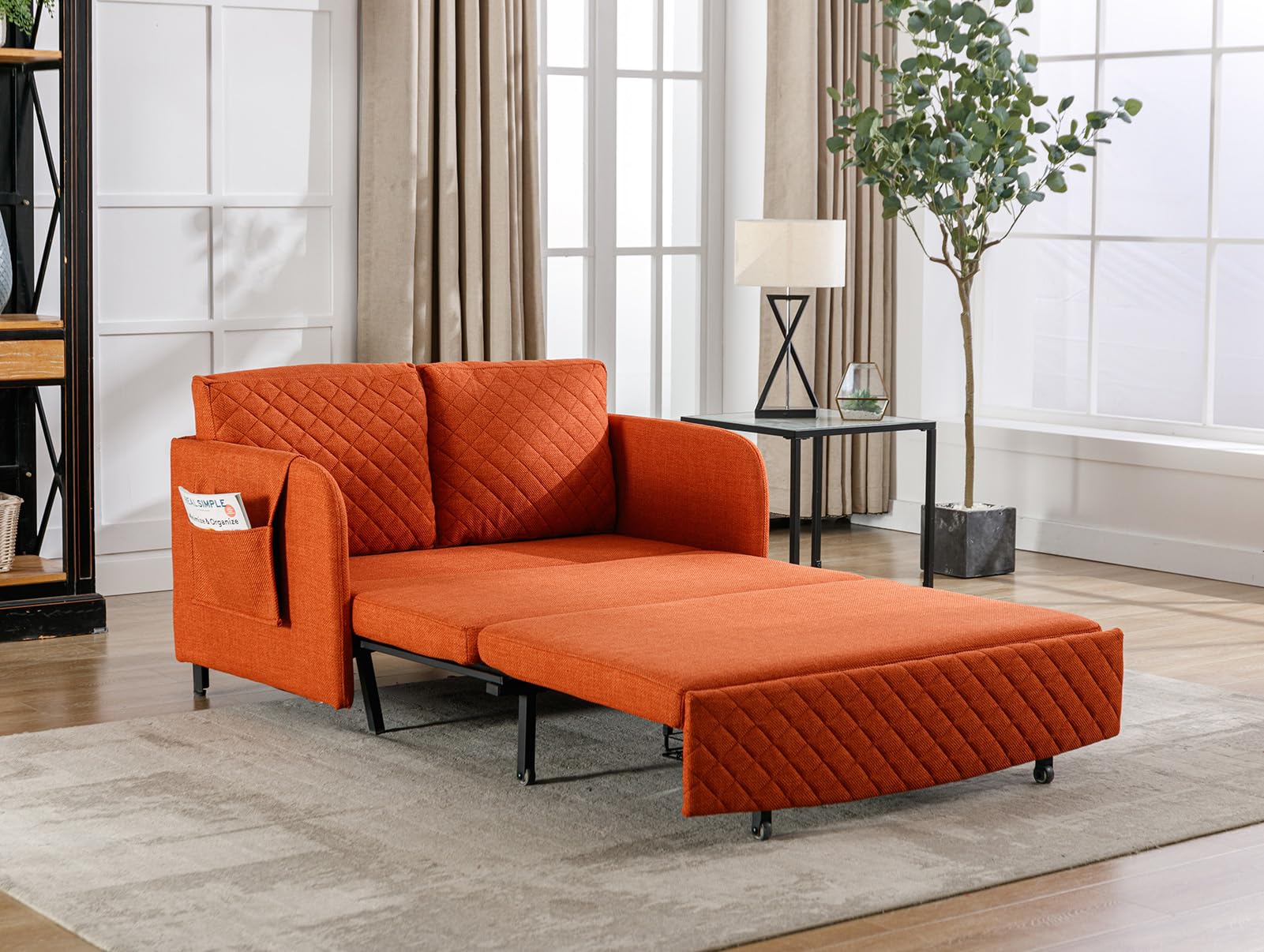 Pull Out Futon Sofa Bed, Convertible Small Loveseat Sleeper with Storage Drawer, 3 in 1 Futon Couch with Removable Pocket and 2 Pillows, Modern Love Seat for Living Room, Guest Room, Deep Orange