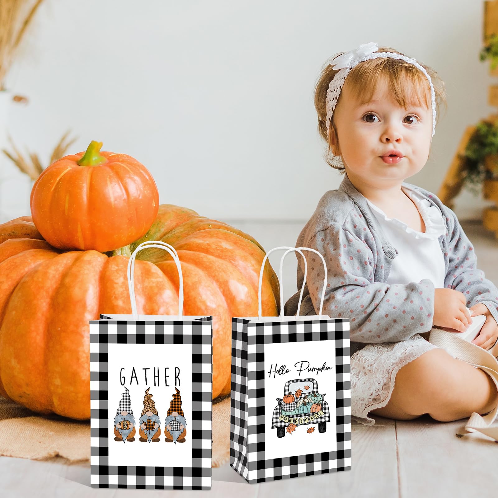 AnyDesign 12Pcs Fall Paper Gift Bags with Handle Autumn Pumpkin Gnomes Truck Goodie Bag Farmhouse Plaid Party Favor Bags for Fall Thanksgiving Birthday Wedding Party Favors, 5.9 x 8.3 x 3.2 Inch