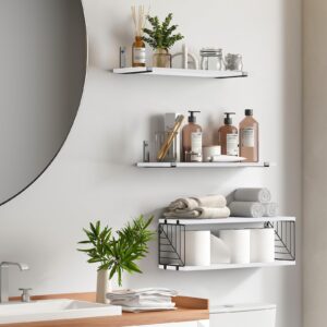 Fixwal 3+1 Tier Bathroom Floating Shelves Over Toilet, 15.8in Farmhouse Rustic Wood Shelves, Wall Decor for Bathroom, Living Room,Bedroom and Kitchen (White)