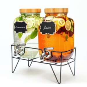 roemey 1 gallon glass drink dispenser with bamboo lid, 2 pack beverage dispenser with stand, drink machine for lemonade, iced drinks, kombucha dispenser for parties, weddings