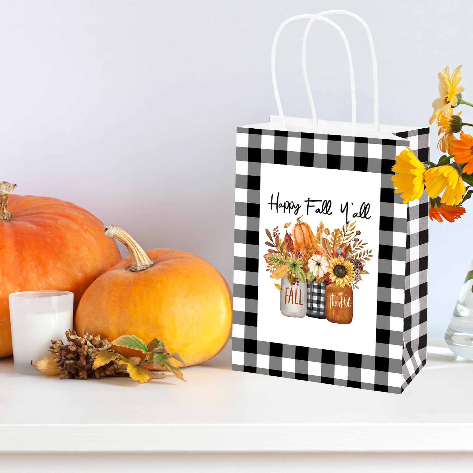 AnyDesign 12Pcs Fall Paper Gift Bags with Handle Autumn Pumpkin Gnomes Truck Goodie Bag Farmhouse Plaid Party Favor Bags for Fall Thanksgiving Birthday Wedding Party Favors, 5.9 x 8.3 x 3.2 Inch